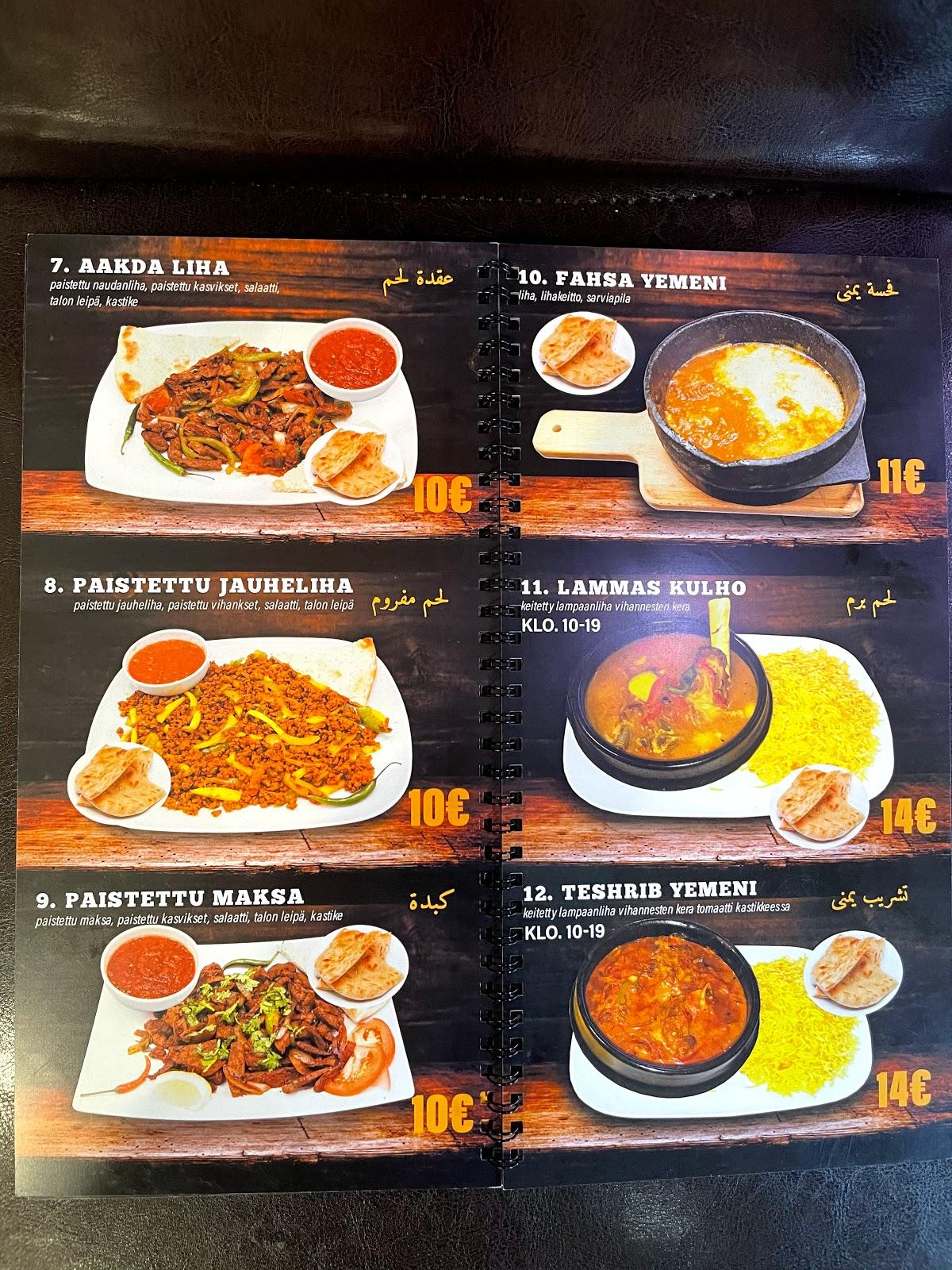 Menu at Yemeni restaurant, Helsinki
