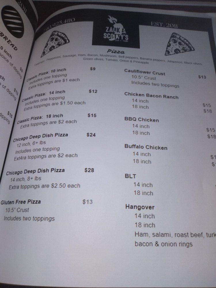 Menu at Zack & Scotty's restaurant, Gallipolis