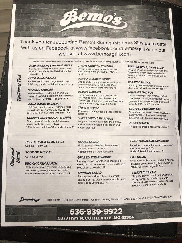Menu at Bemo's pub & bar, Cottleville