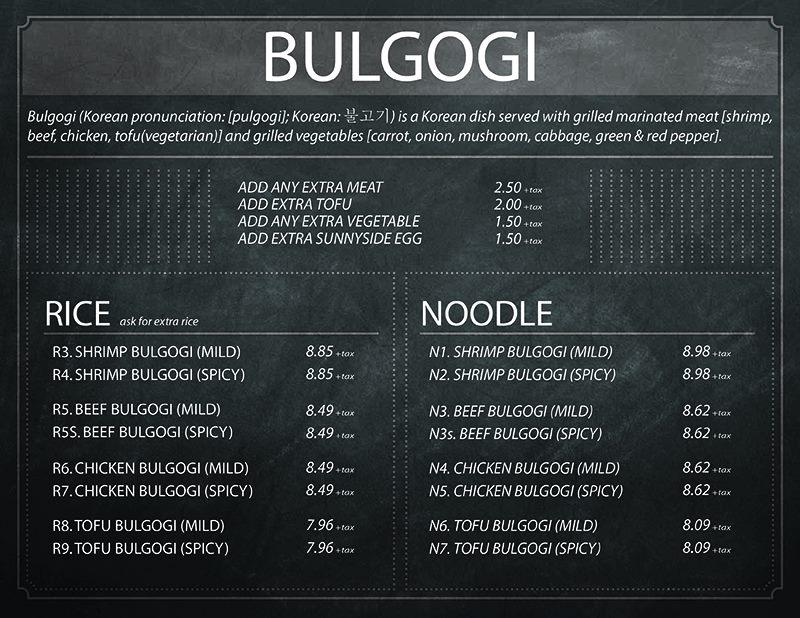 Menu at Bob's Bulgogi restaurant, Toronto