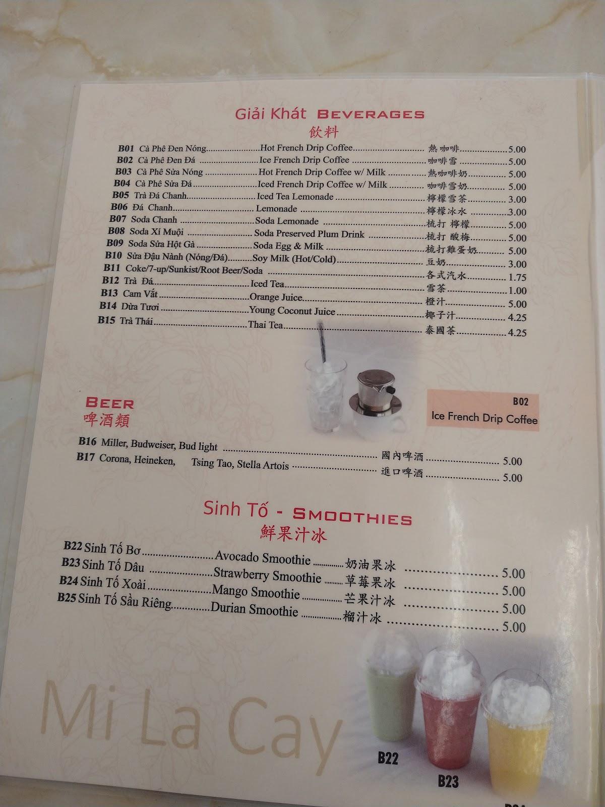 Menu at Mi La Cay Restaurant, San Jose