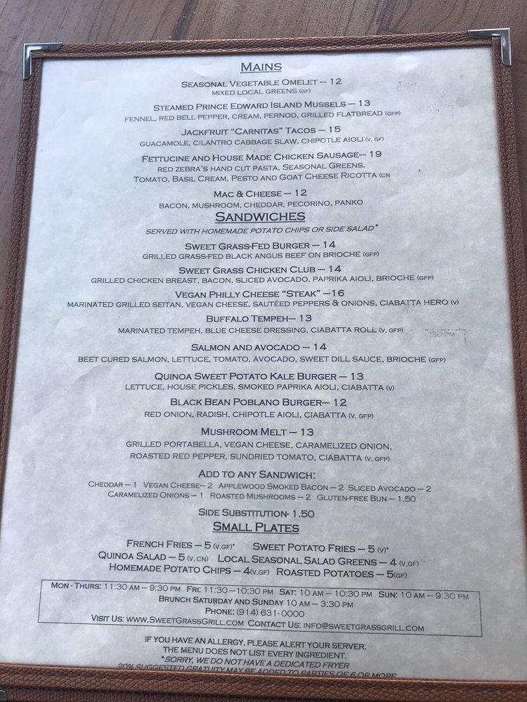 Menu at Sweet Grass Grill restaurant, Tarrytown