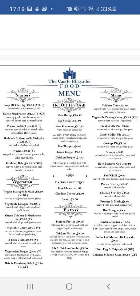 Menu at The Castle pub & bar, Rhayader, East St
