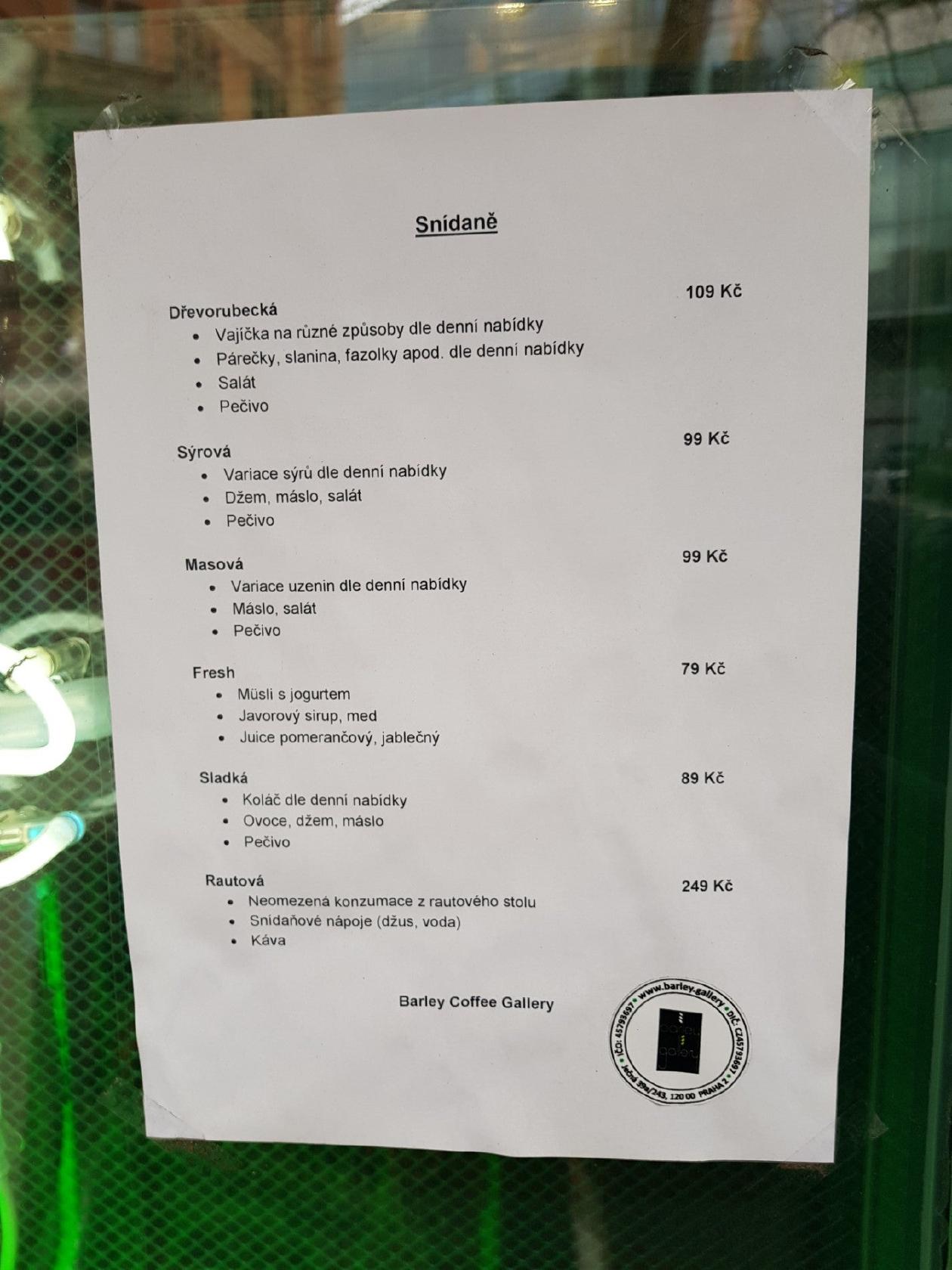 Menu at Barley Cafe, Prague