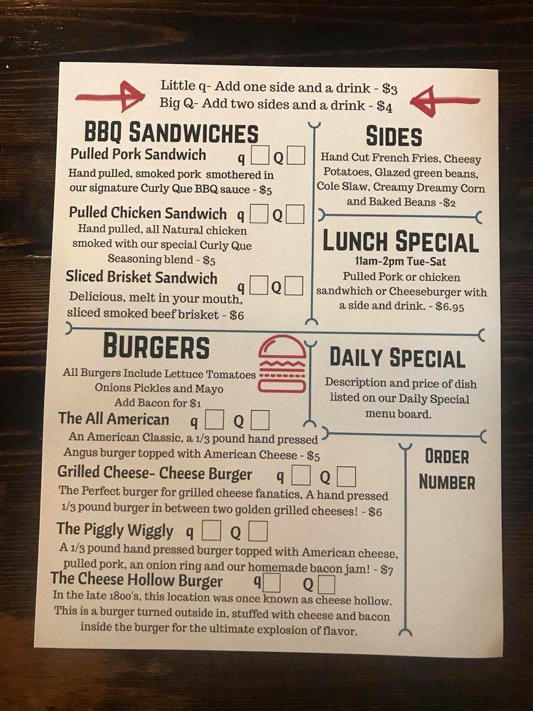 Menu at Curly Que BarBQue, Bolivar