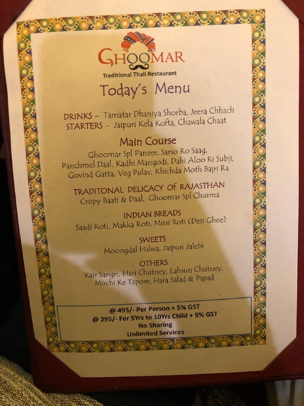 Menu at Ghoomar Traditional Thali - Connaught Place, New Delhi, K-43
