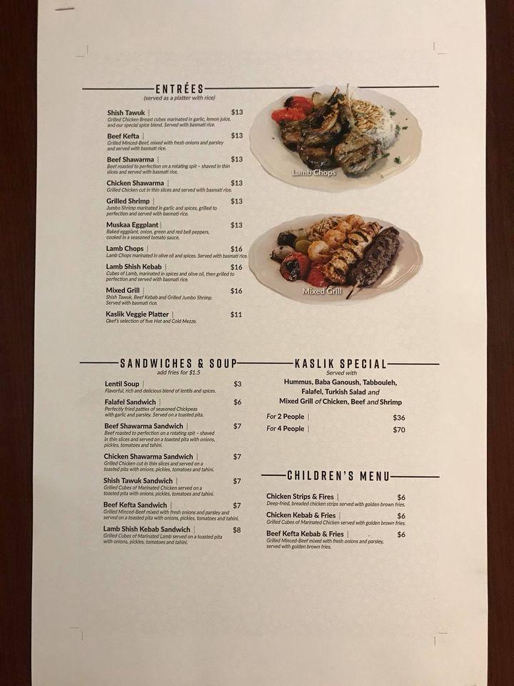 Menu at Kaslik Mediterranean Cuisine restaurant, Hazelwood