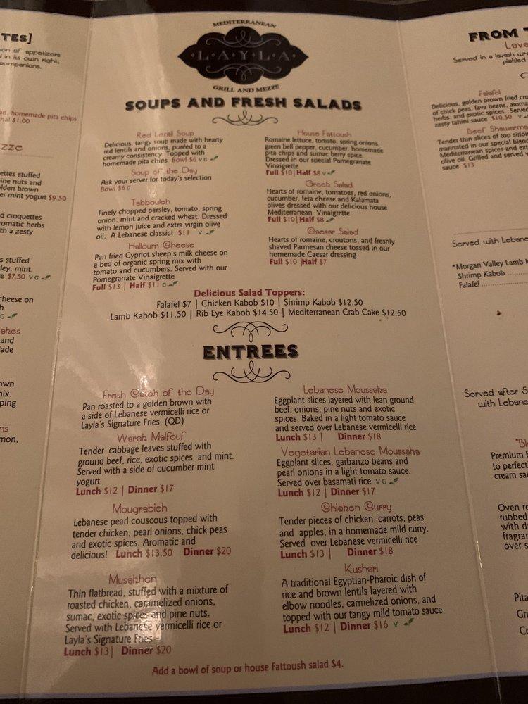 Menu at Layla Mediterranean Grill And Mezze pub & bar, Holladay