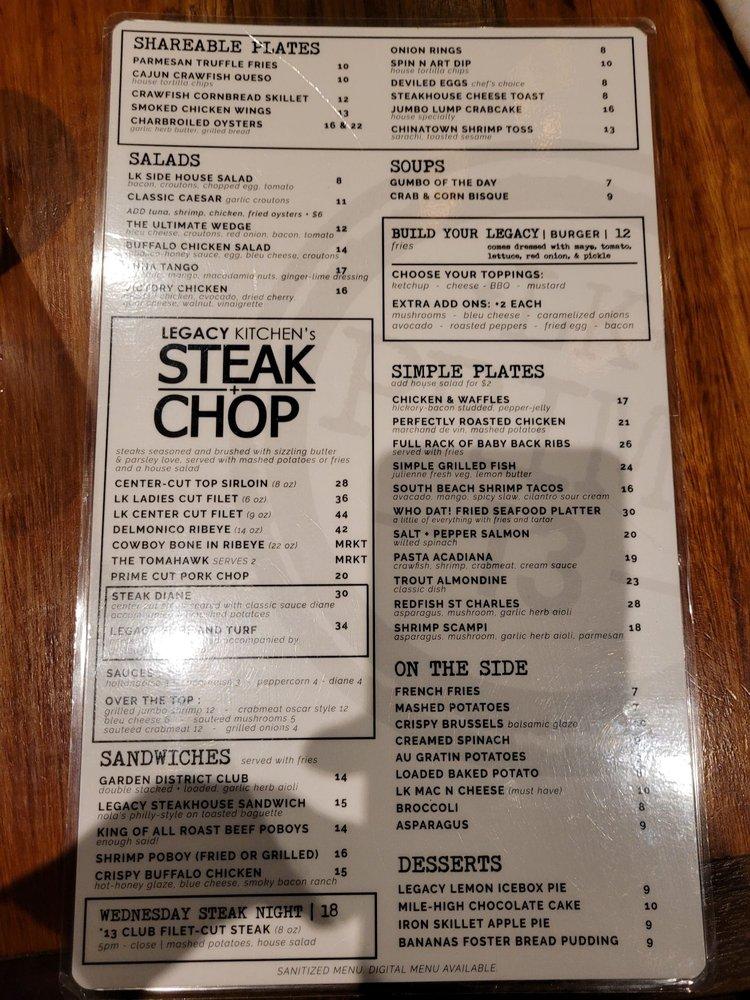Menu at Legacy Kitchen's Steak and Chop steakhouse, Gretna, 91 Westbank ...
