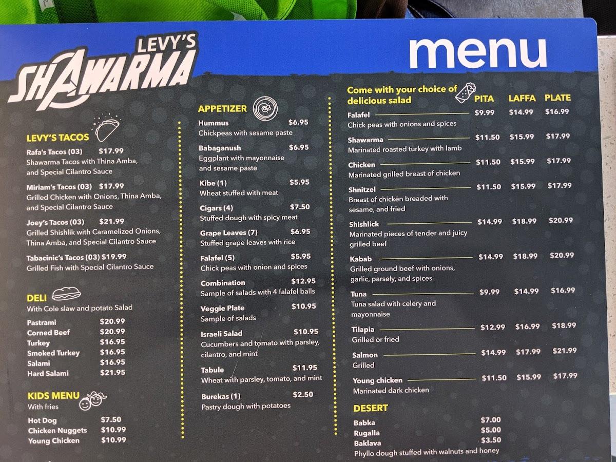 Menu at Levy’s Shawarma restaurant, Aventura