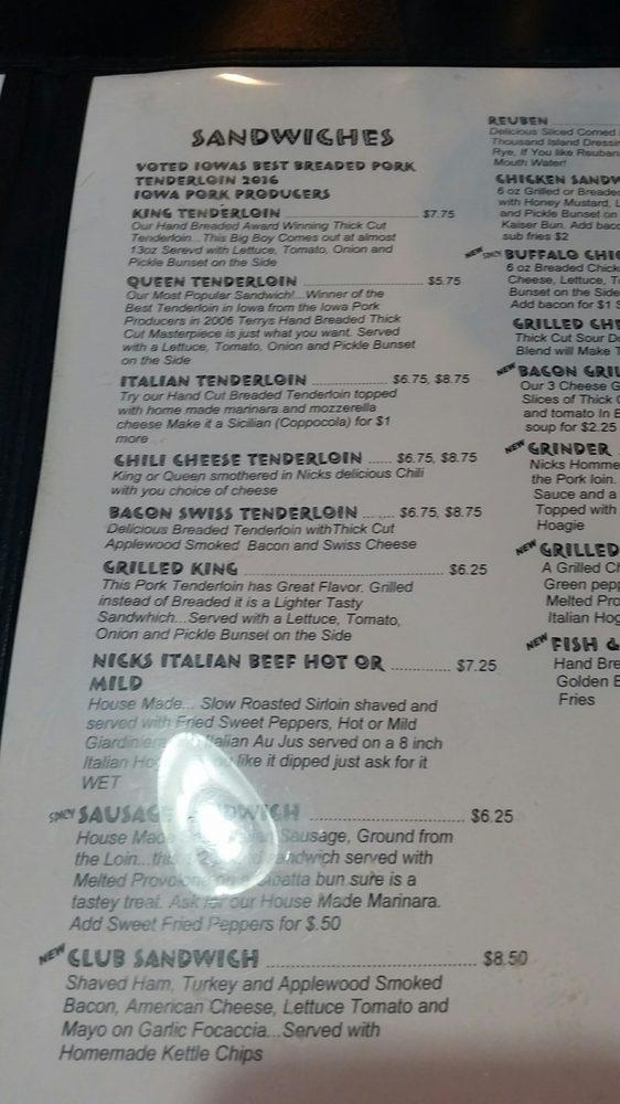Menu at Nick's restaurant, Des Moines