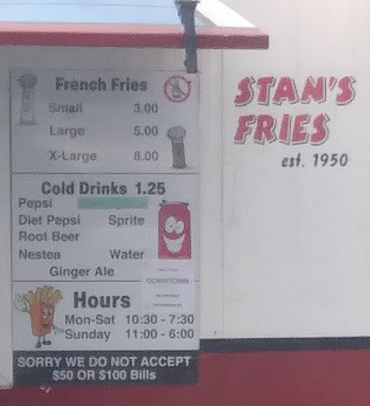 Menu at Stan's Fries restaurant, Brantford, Fairview Drive