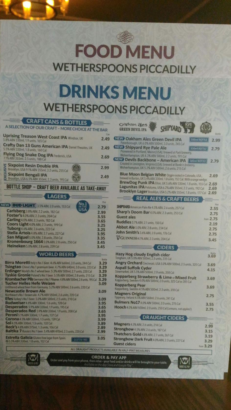 Menu at Wetherspoons pub & bar, Manchester, Piccadilly House