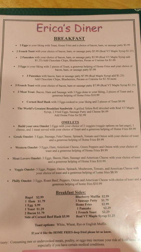 Menu at Erica's American Diner restaurant, Fairfax