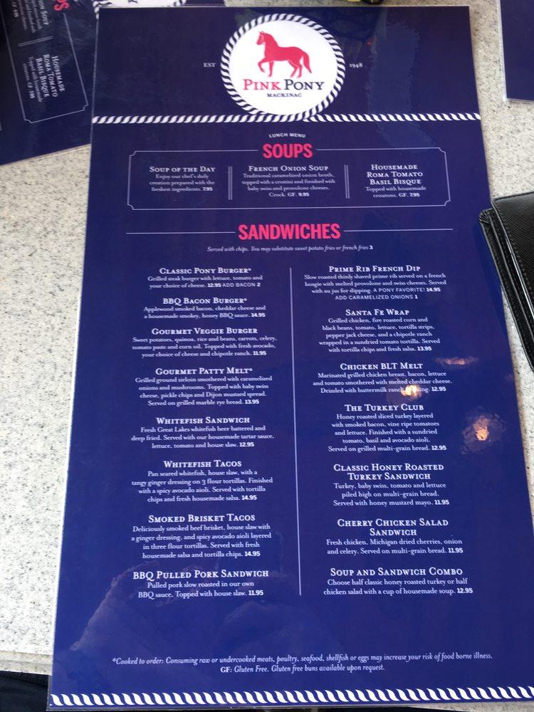 Menu at Pink Pony pub & bar, Mackinac Island