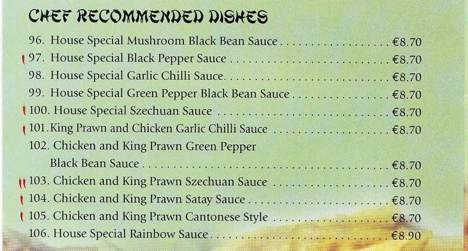 Menu at River Palace restaurant, Ireland