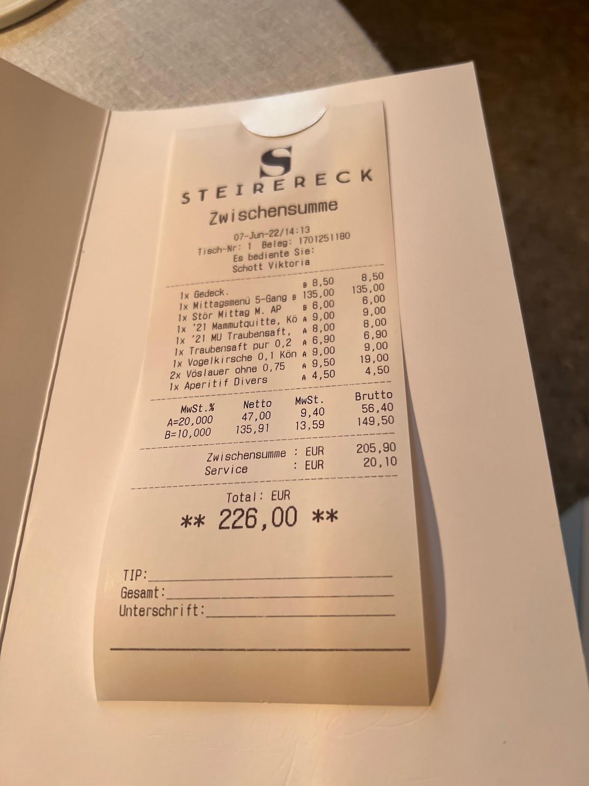 Menu at Steirereck restaurant, Vienna