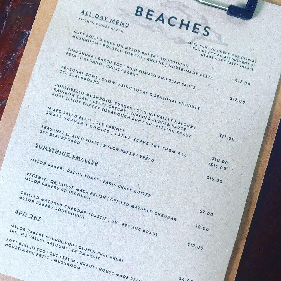Menu at Beaches cafe, Port Elliot