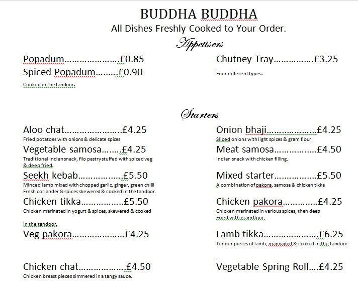 Menu at Buddha Buddha restaurant, Tenby