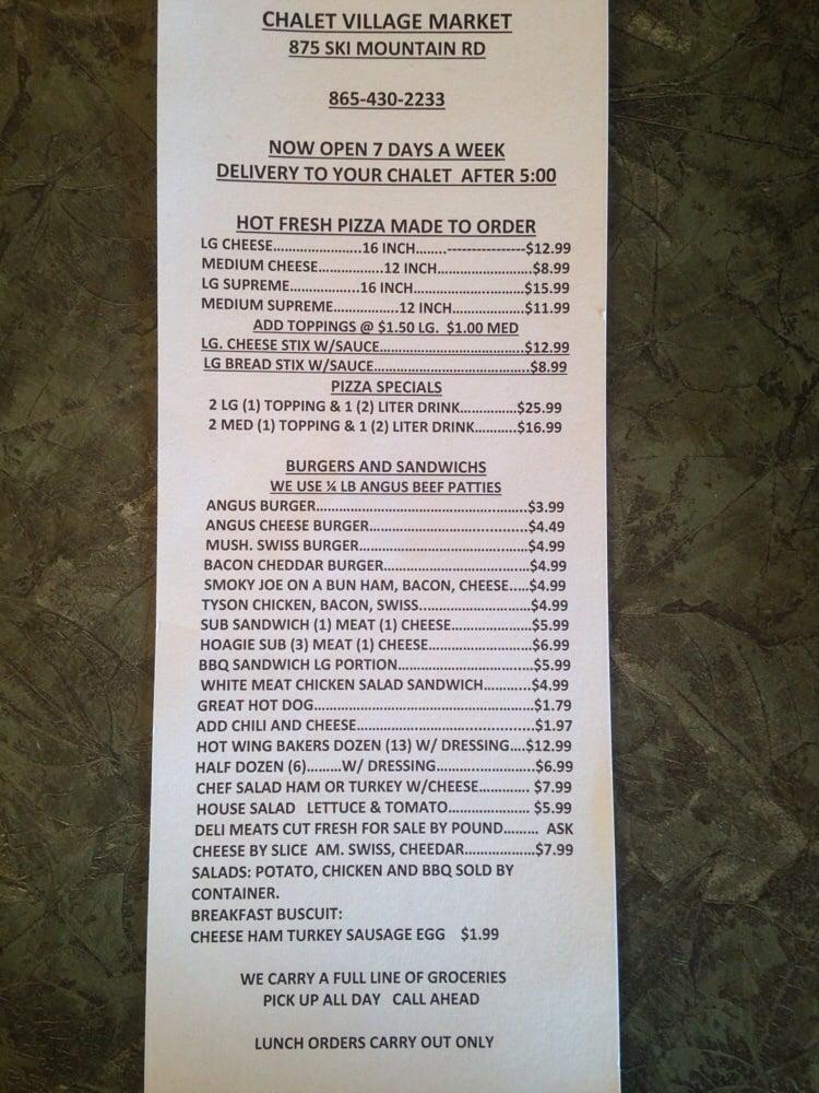 Menu at Chalet Village Market pizzeria, Gatlinburg
