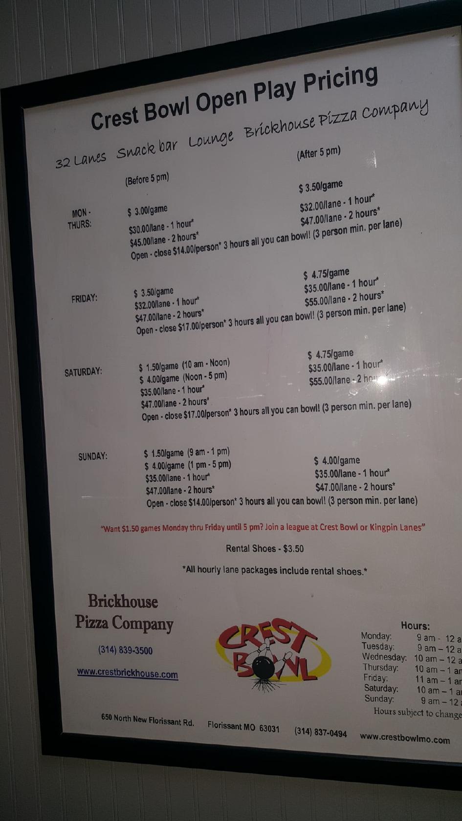 Menu at Crest Bowl pub & bar, Florissant