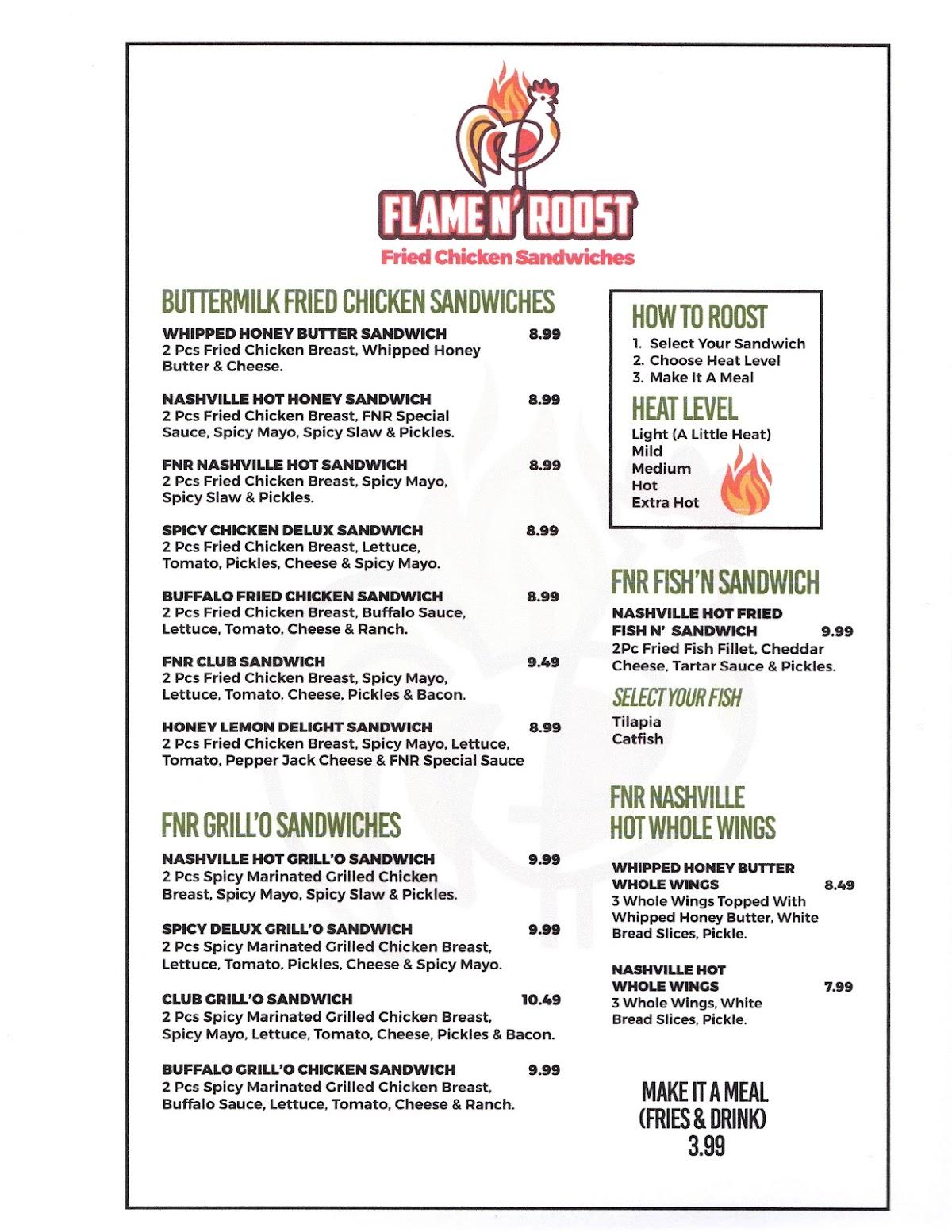 Carta del restaurante Flame n' Roost, Bowie