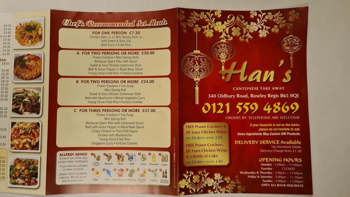 Menu at Hans restaurant, Rowley Regis