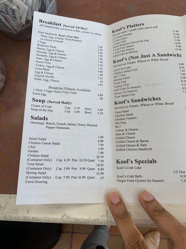 Menu at Kool's Carry-Out restaurant, Cambridge, 112 Washington St