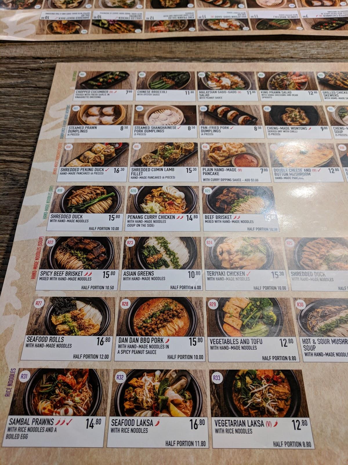 Menu at Lucky Cheng's restaurant, Bankstown