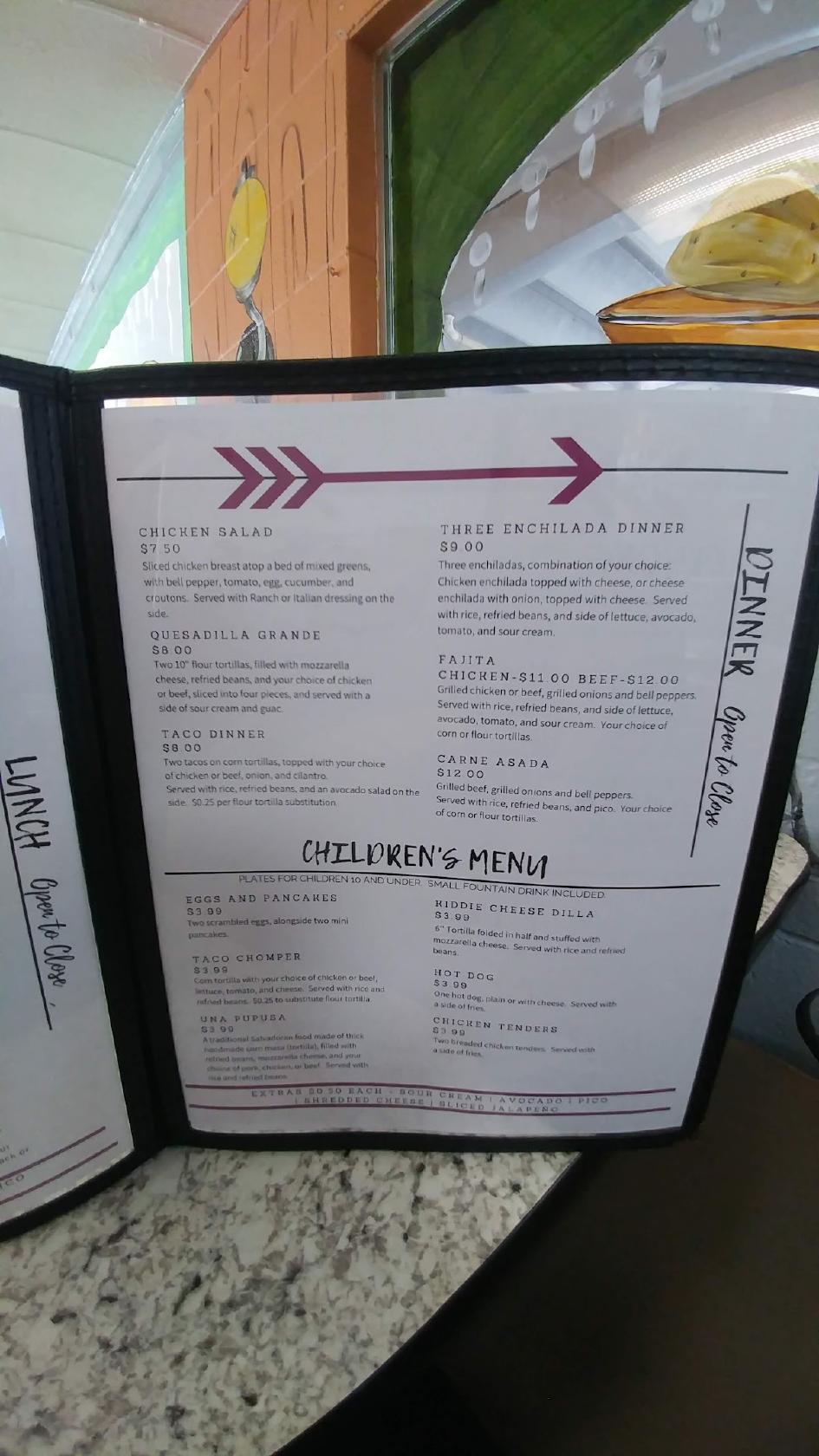Menu at Norma's restaurant, Pauls Valley