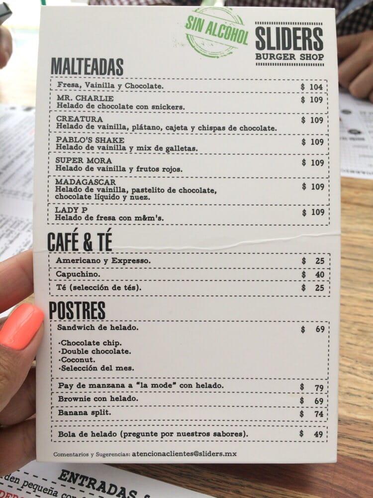 Carta del restaurante Sliders, Ciudad del México, Vasco del Quiroga 3800