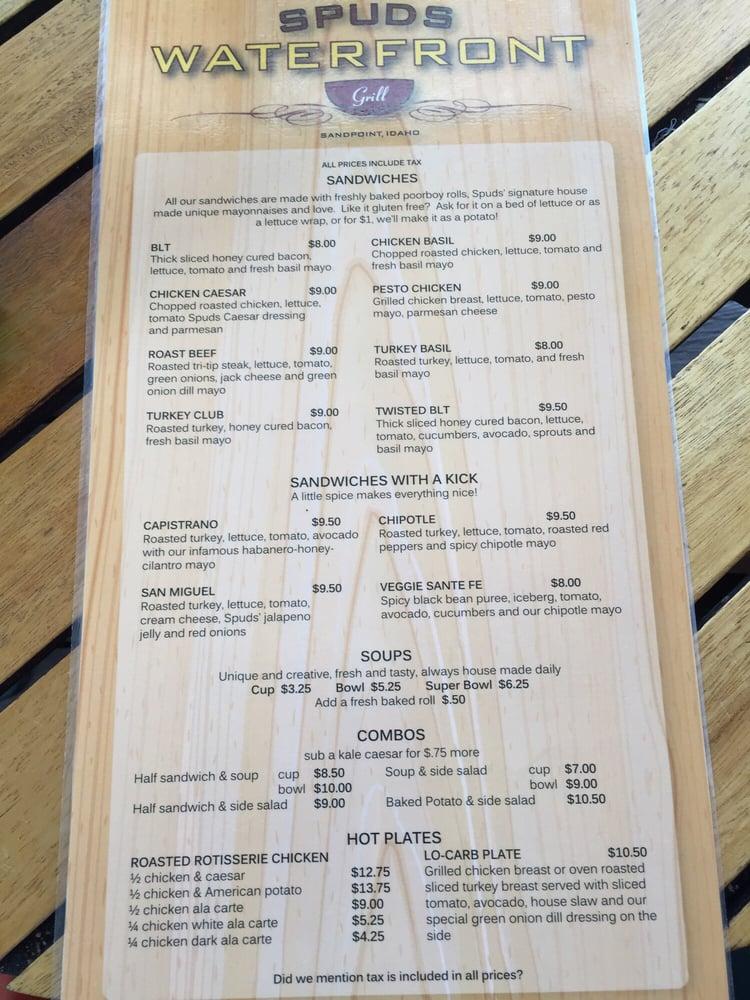 Menu at Spuds Waterfront Grill restaurant, Sandpoint