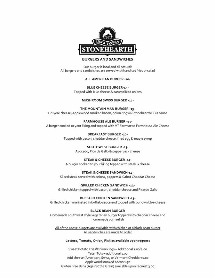 Menu at Stone Hearth Inn & Eatery restaurant, Chester, 698 VT-11