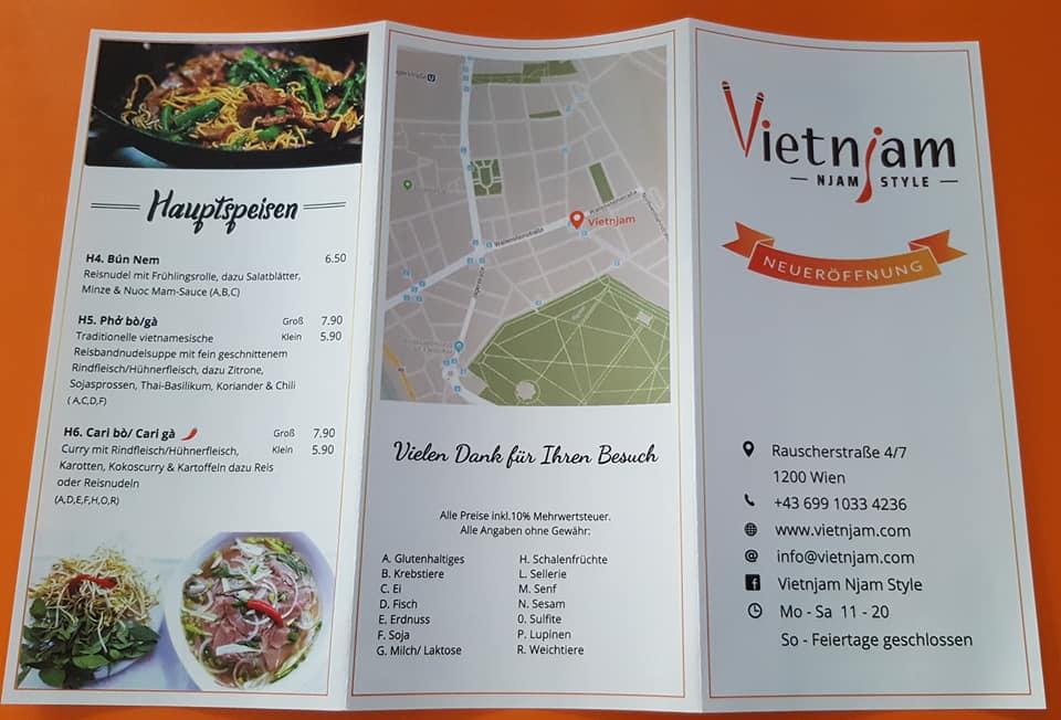 Menu at Vietnjam Njam Style restaurant, Vienna