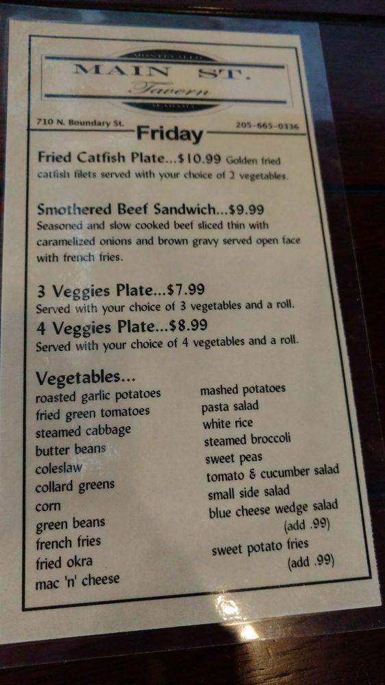 Menu at Main Street Tavern pub & bar, Montevallo, 710 N Boundary St