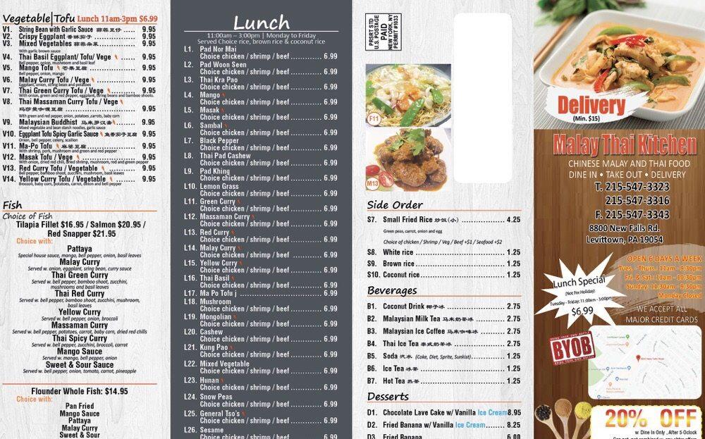 Menu at Malay Thai Kitchen restaurant, Levittown