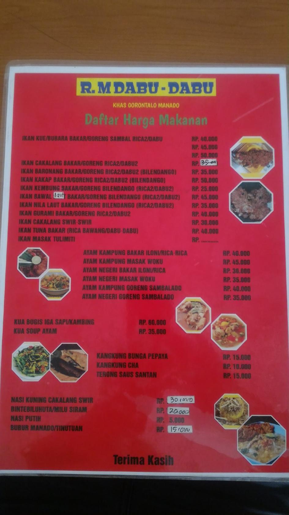 Menu at RM.Dabu Dabu Gorontalo restaurant, South Jakarta