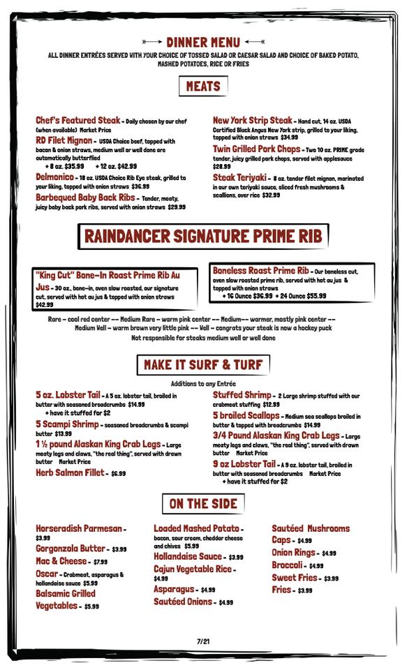 Menu at Raindancer Restaurant, Amsterdam, State Highway 30