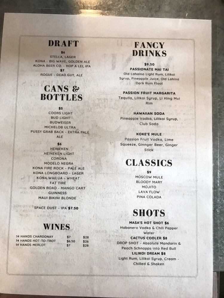 Menu at The Saddle Room pub & bar, Waimea, Kaumualii Hwy