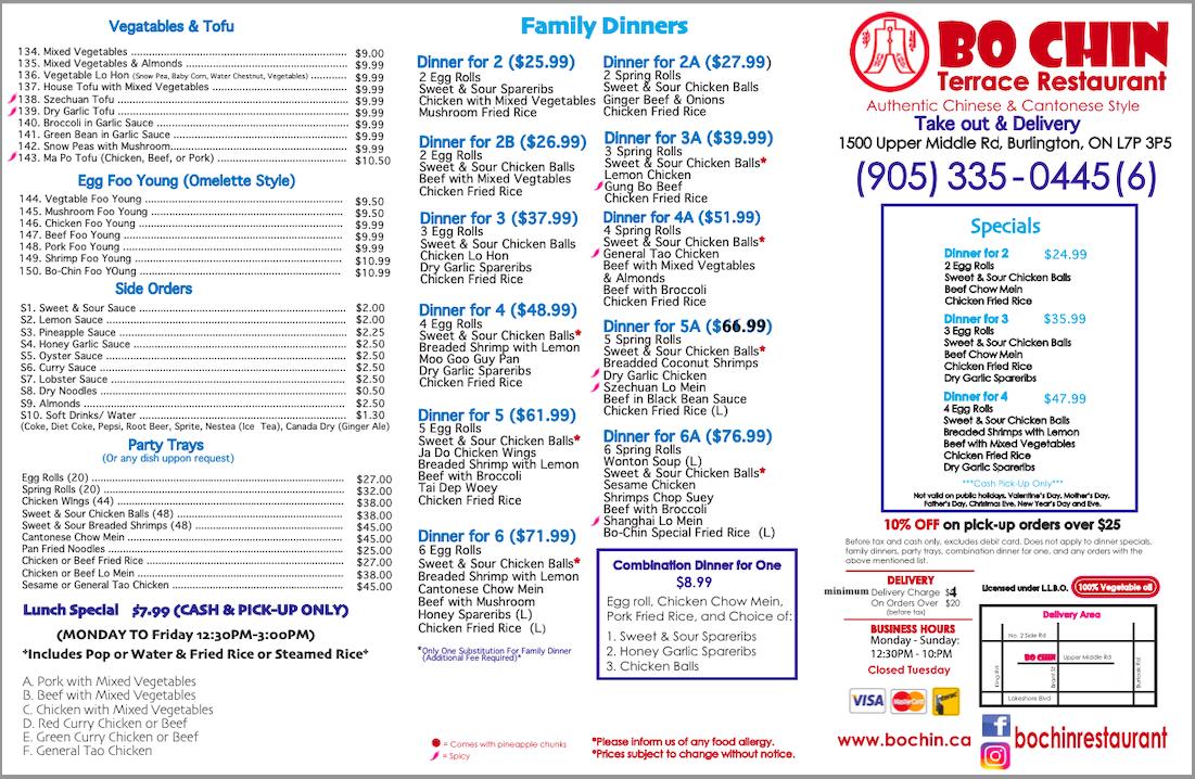 Menu at Bo Chin Chinese Food restaurant, Burlington