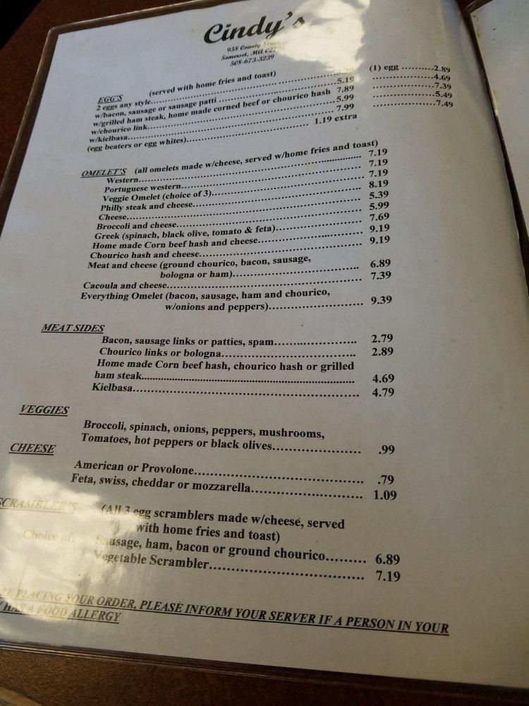 Menu at Cindy's restaurant, Somerset