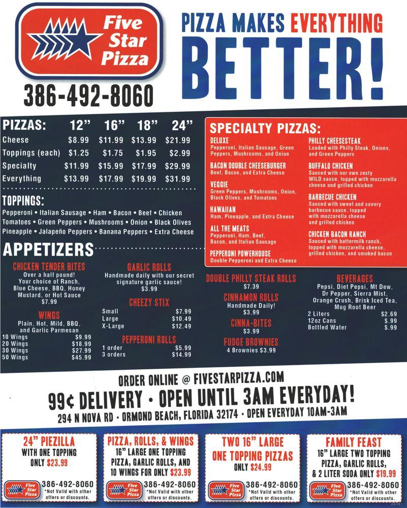 Menu at Five Star Pizza pizzeria, Ormond Beach