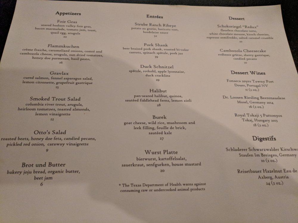 Menu at Otto's German Bistro restaurant, Fredericksburg