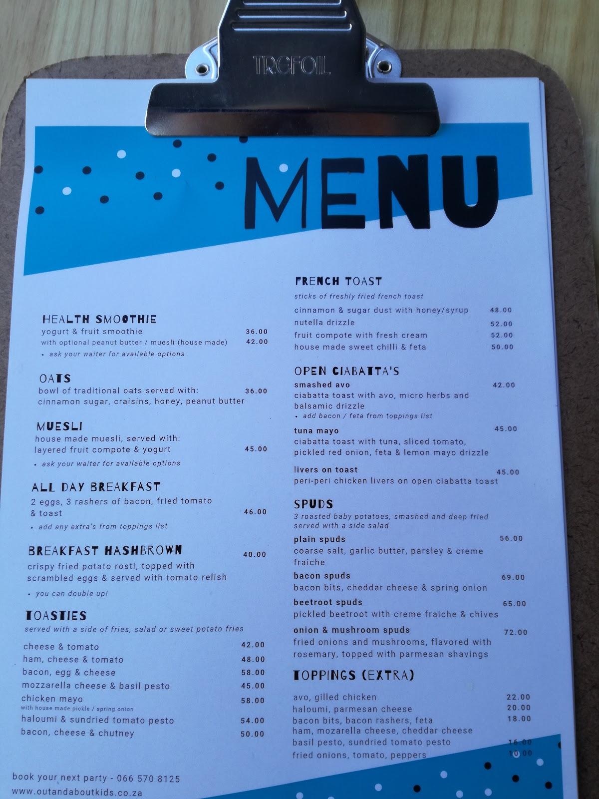 Menu at Out and About restaurant, Boksburg