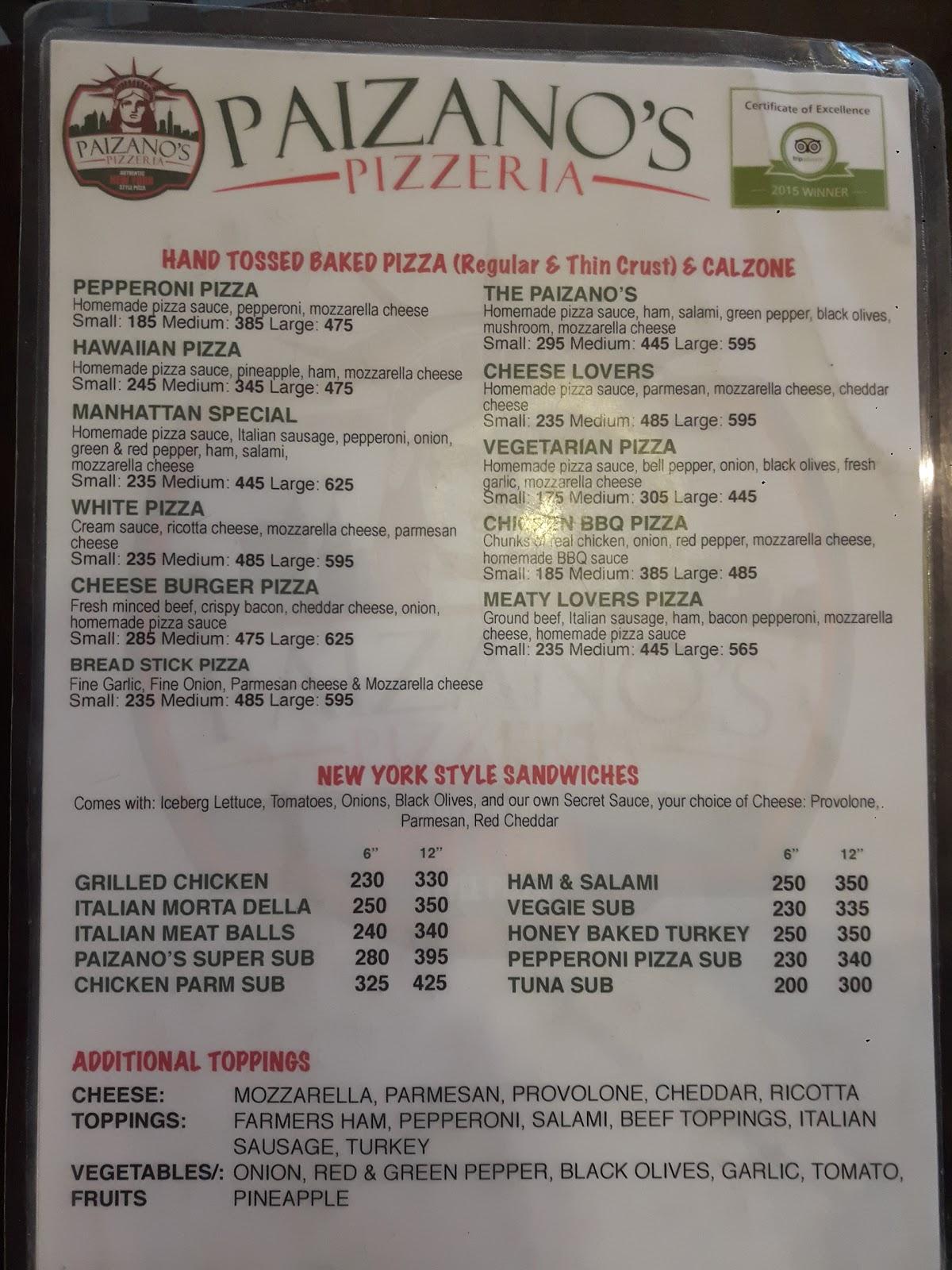 Menu at Paizano's Pizzeria, Angeles