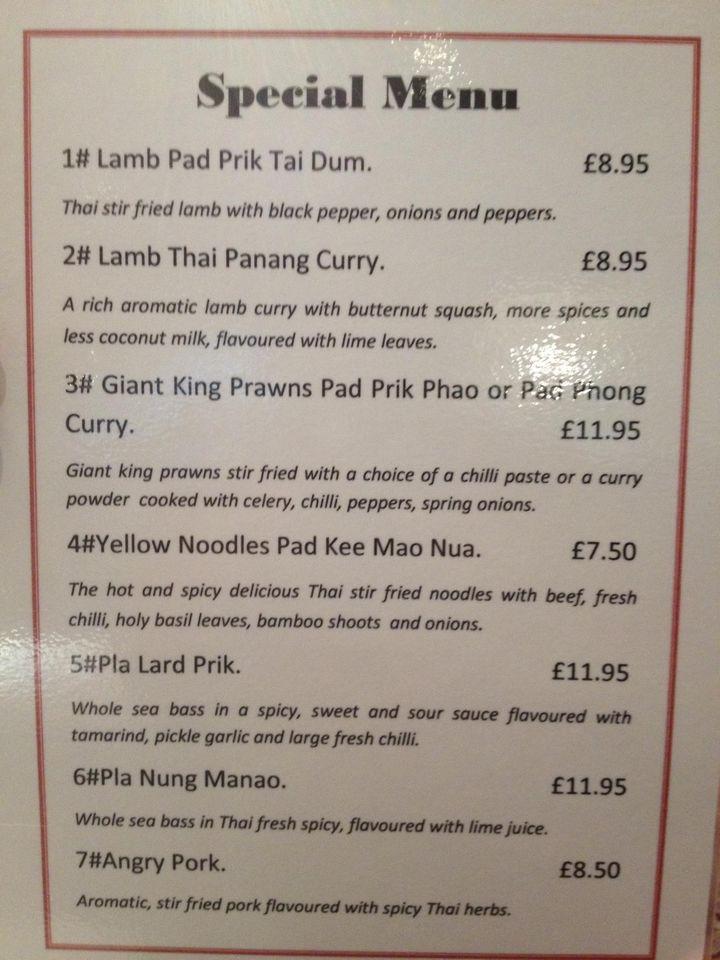 Menu at Thai Sunshine restaurant, Selby