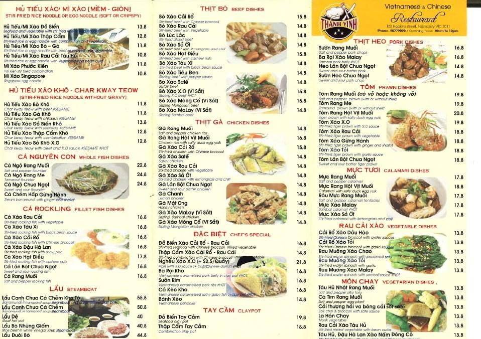 Menu at Thanh Vinh Restaurant, Footscray