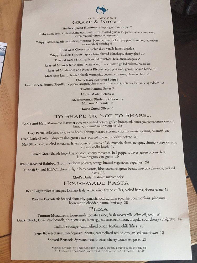 Menu at The Lazy Goat restaurant, Greenville, 170 Riverplace