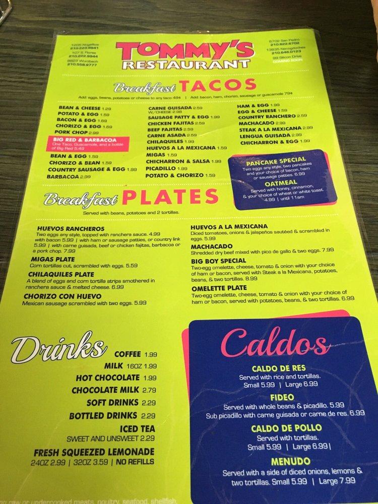 Menu at Tommy's Restaurant, San Antonio, Wurzbach Rd