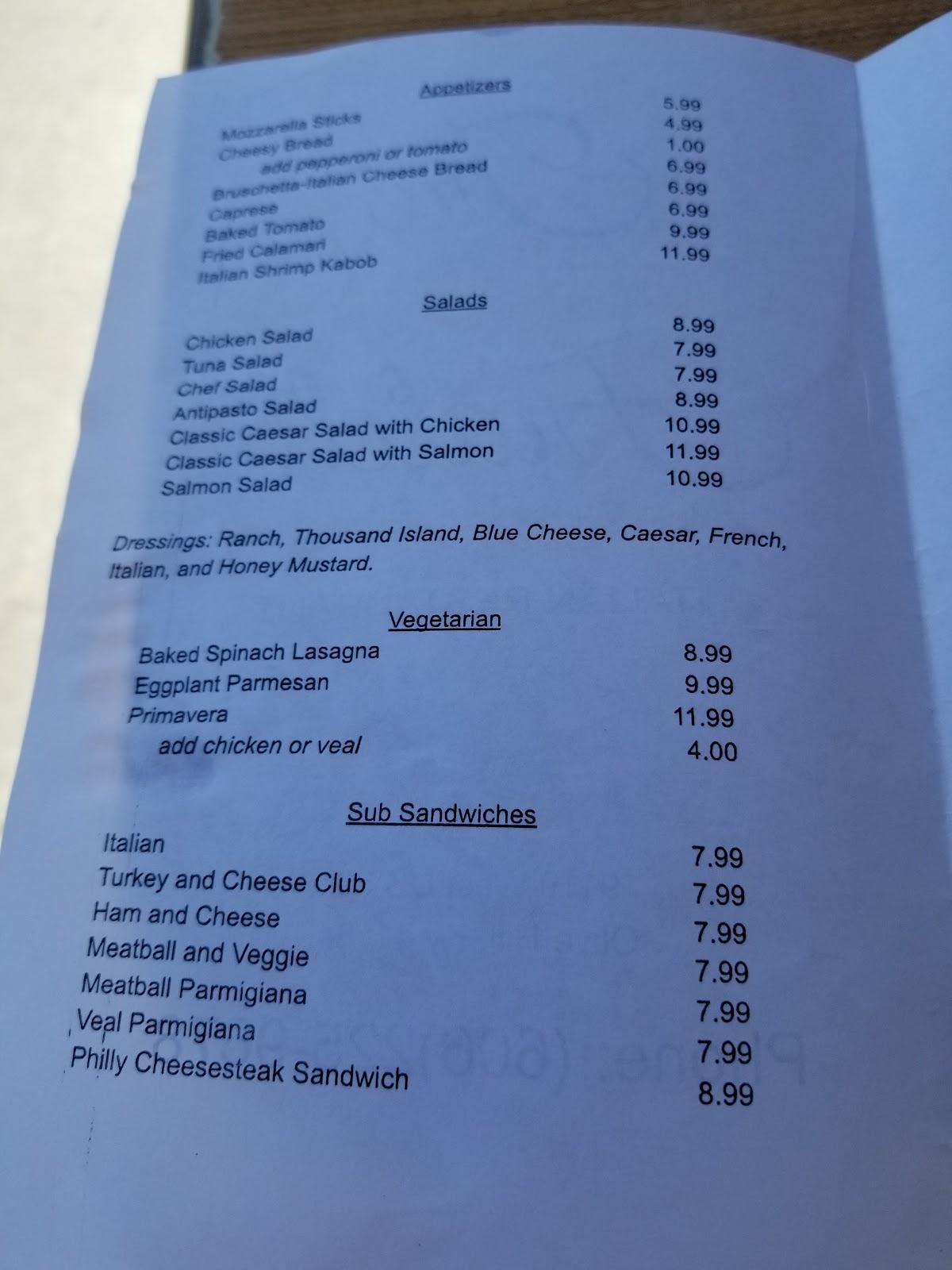 Menu at Tre Fratelli restaurant, USA
